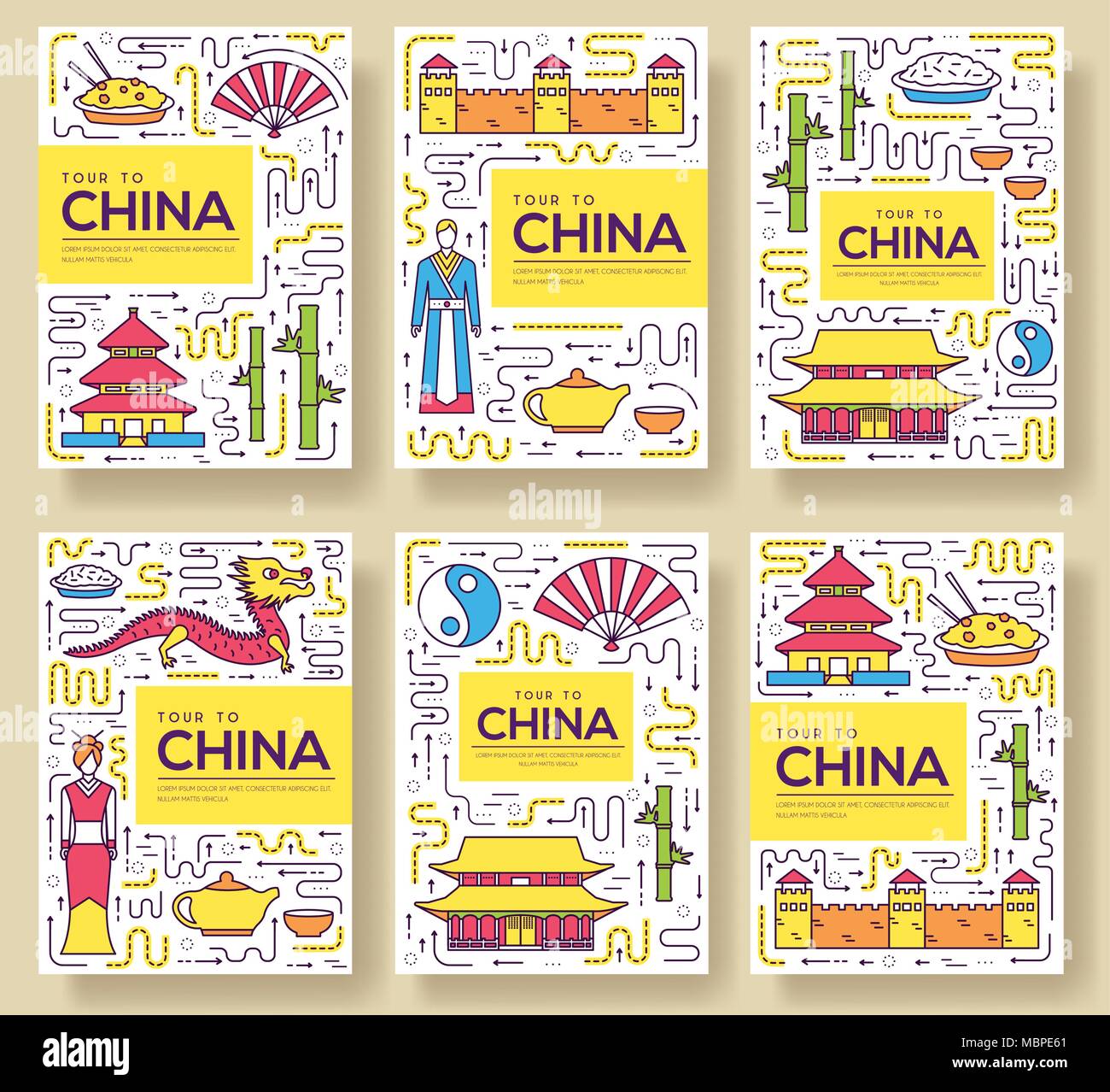 China vector brochure cards thin line set. Country travel template of ...