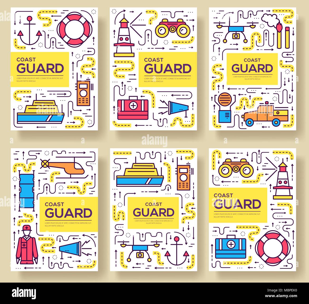 coast guard vector brochure cards thin line set. Guarding the order ...