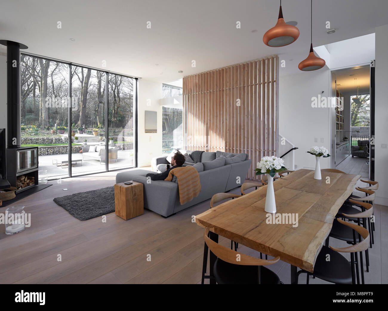 View through open plan living area to garden. Highland House, Kent ...