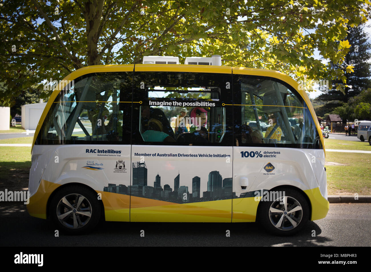 Driverless electric bus, in Perth, Australia, on 24 February 2018 Stock ...