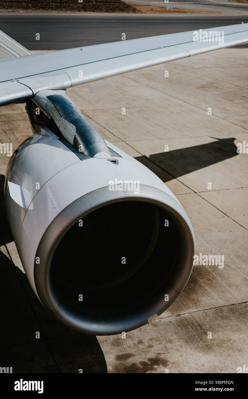 Huge turbine of engine airplane on the ground preparing for take of ...