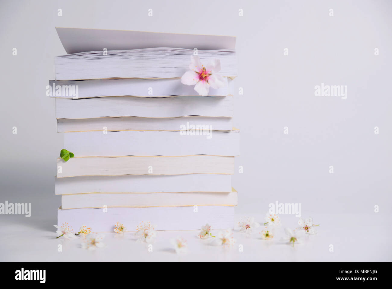 Stack of books with spring flowers between pages on a white background ...