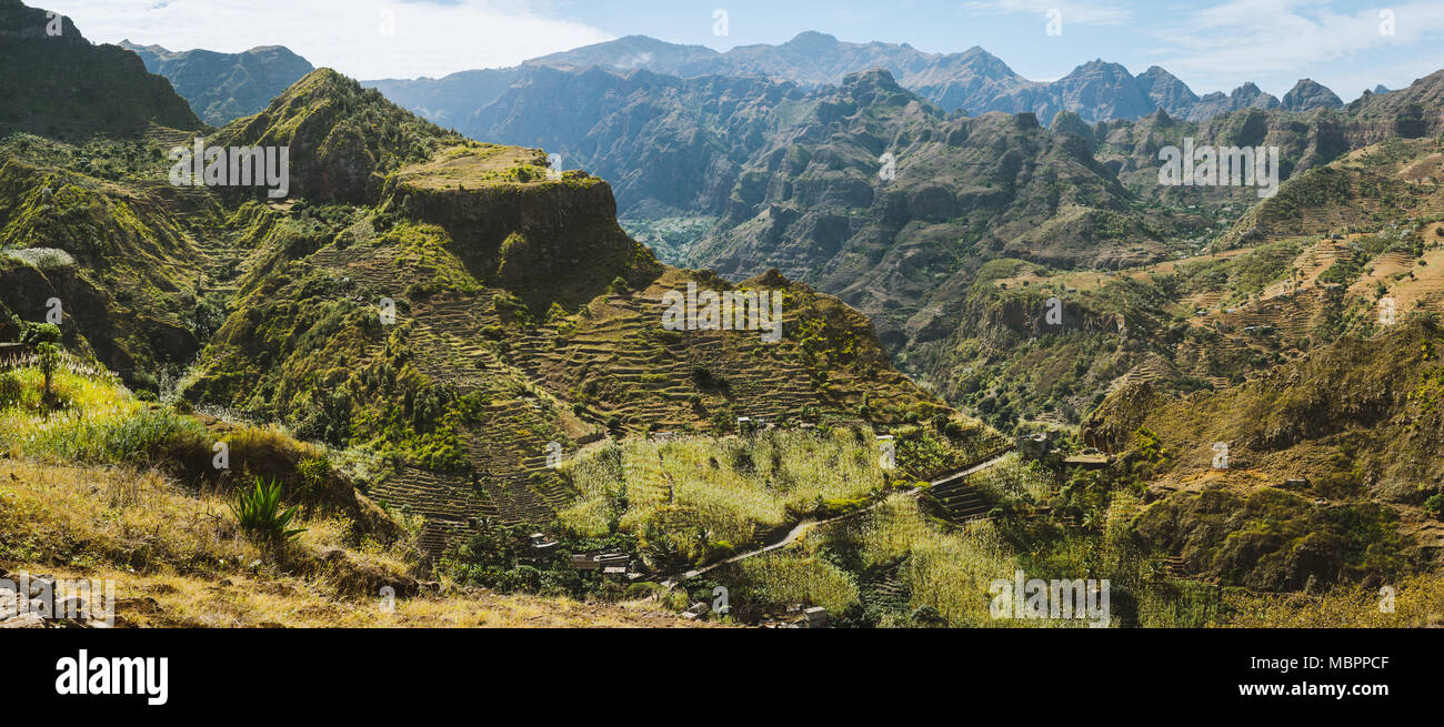 Gorgeous panorama view of huge barren mountain peaks, cliff and canyons ...