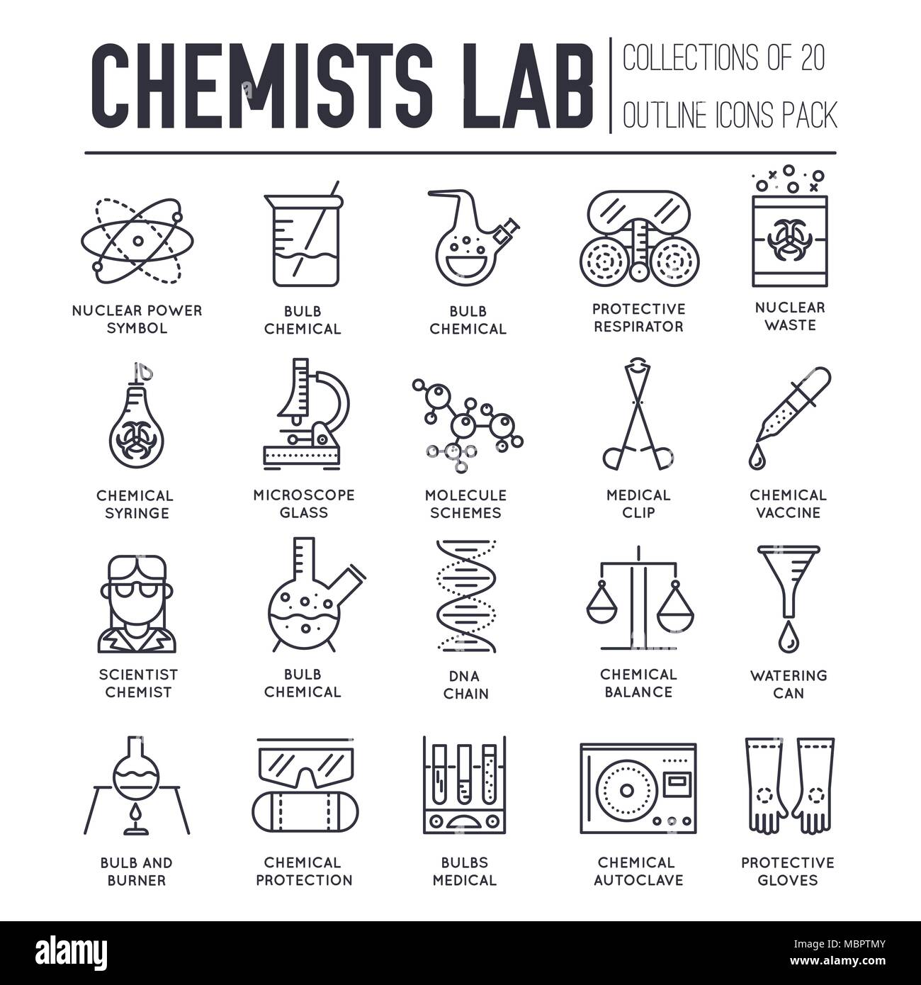 Biohazard chemists in chemistry lab thin line illustration concept set ...