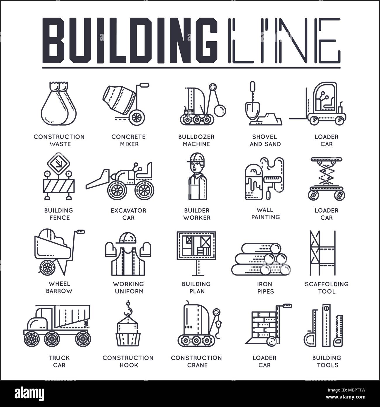 Thin line builders doing labor job and working with heavy vehicles ...