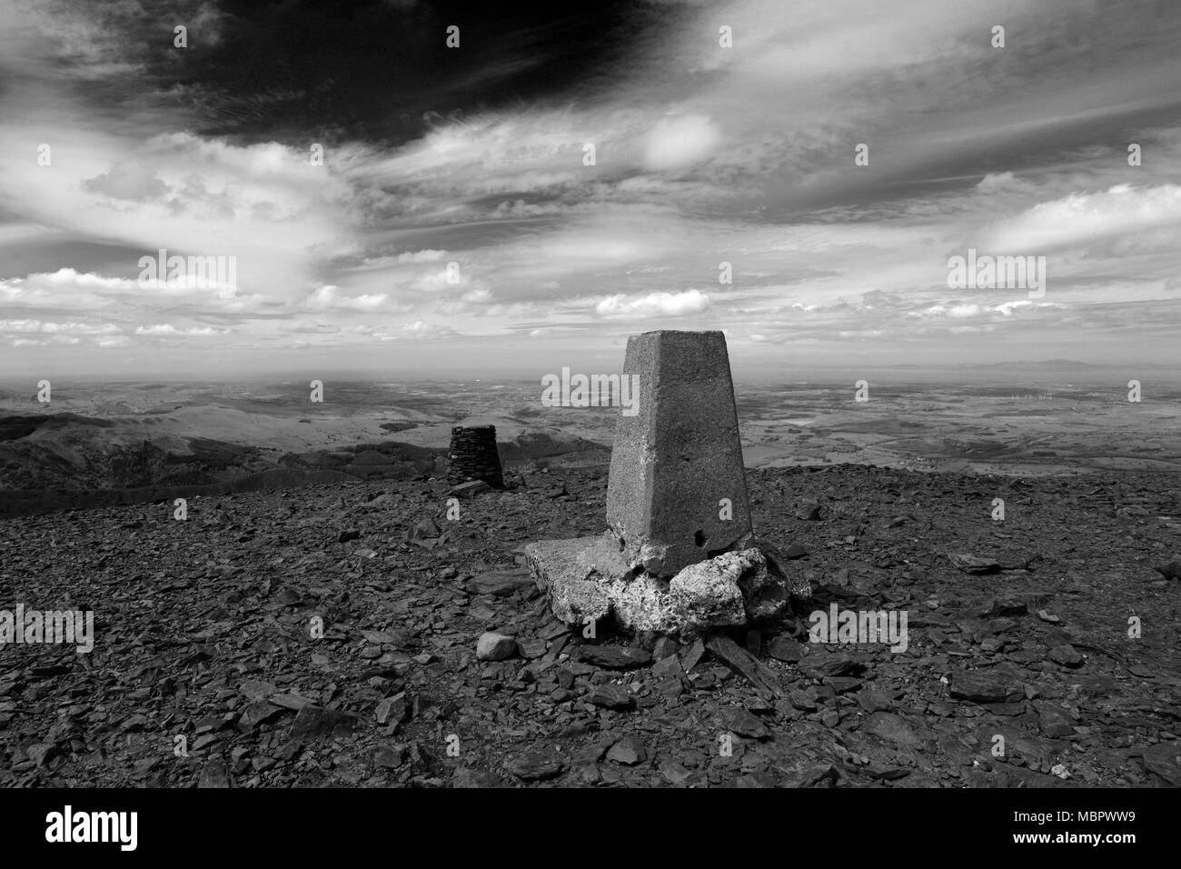 OS trig point at the summit of Skiddaw fell, Keswick town, Lake ...