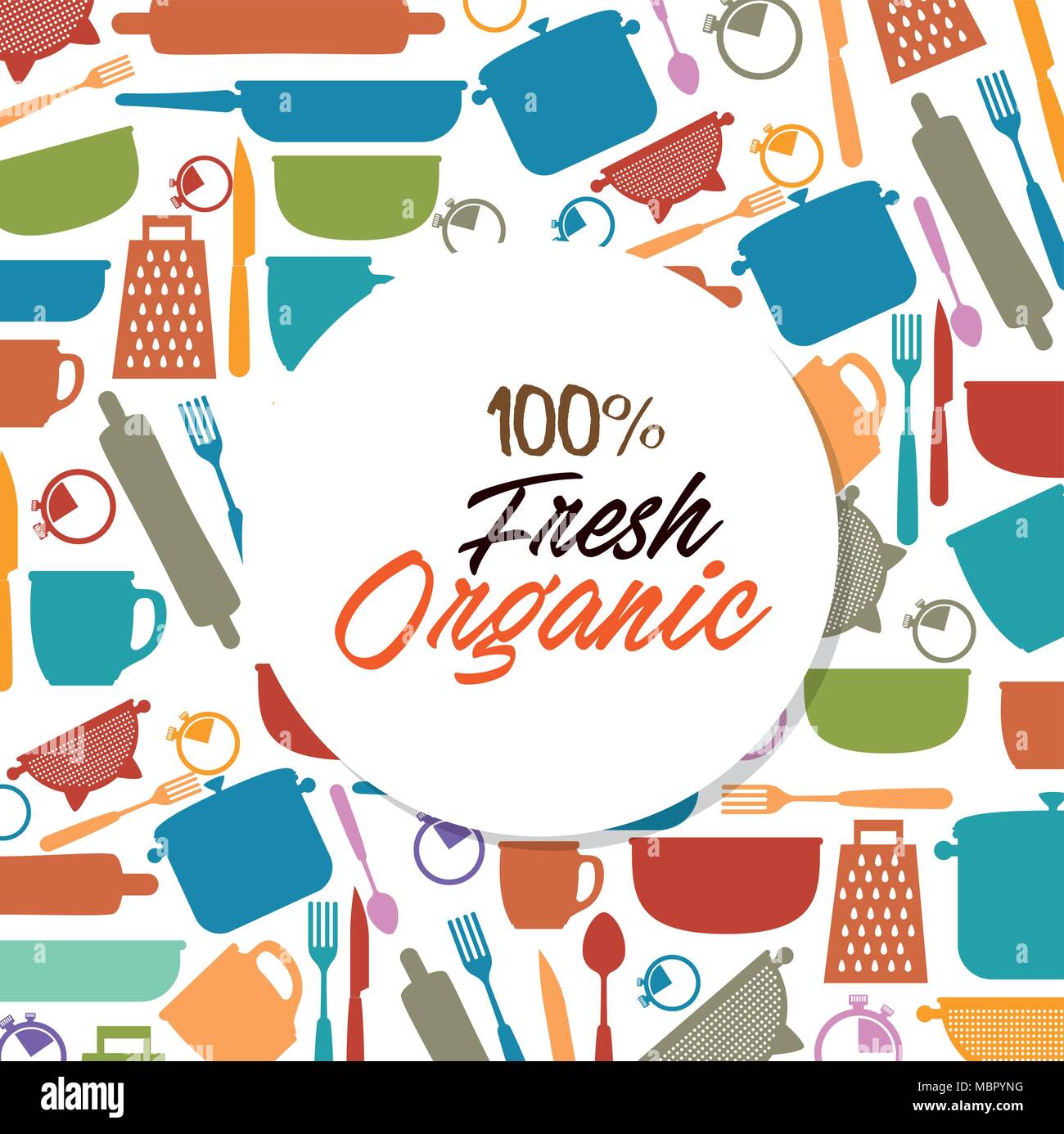 organic label with kitchen utensils pattern background Stock Vector ...
