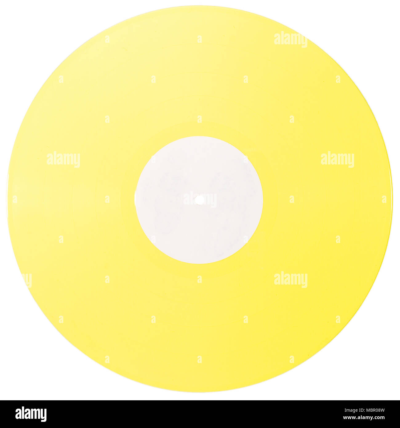 Yellow vinyl record disc with white paper label isolated on white ...