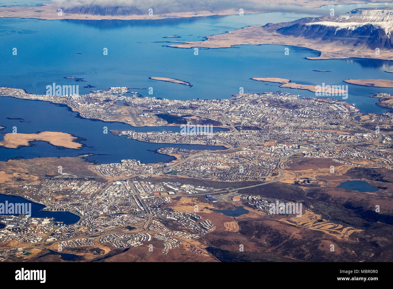 Aerial view of Reykjavik, Iceland, with the bay of Hofsvik and the ...