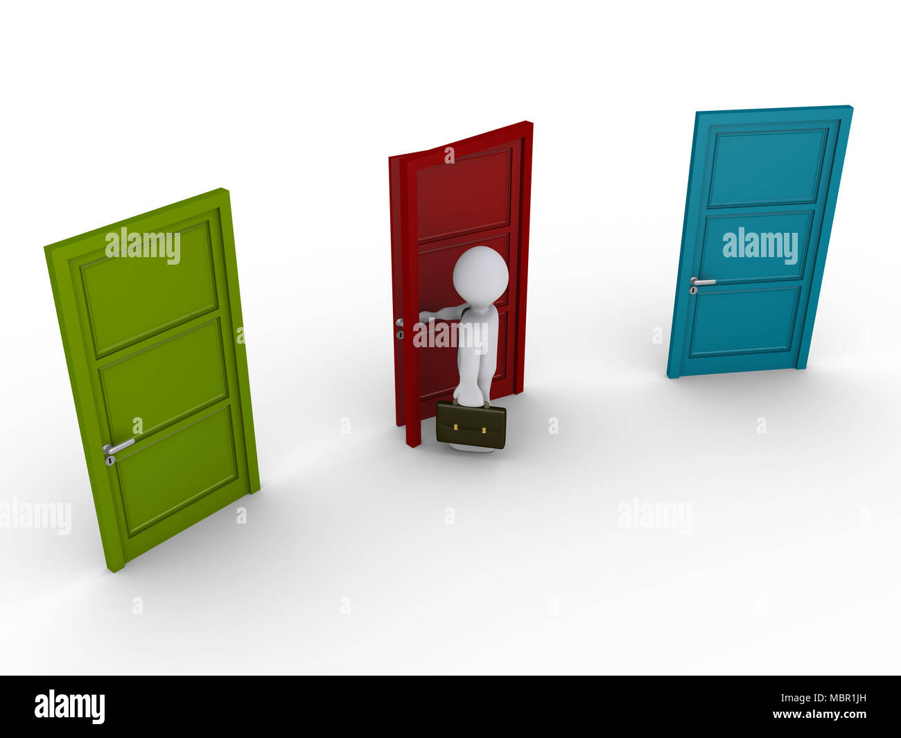 3d businessman chooses to open the middle door out of three Stock Photo ...