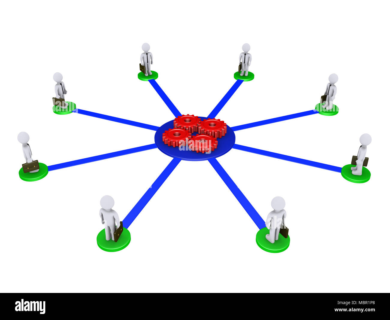 Eight 3d businessmen on pedestals are connected to four red cogs Stock ...
