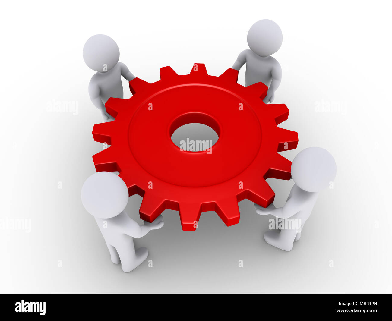 Four 3d people are holding a red cog Stock Photo - Alamy