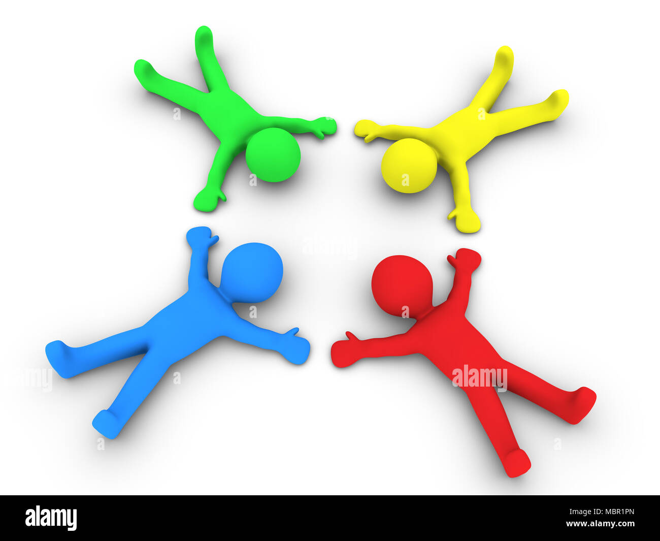 Four different colored 3d people are lying on the ground Stock Photo ...