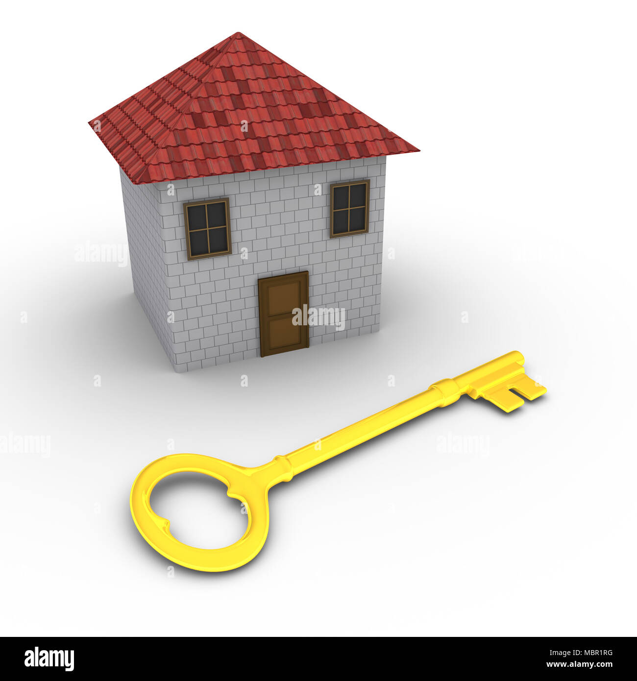 3d house with golden key in front of it Stock Photo - Alamy