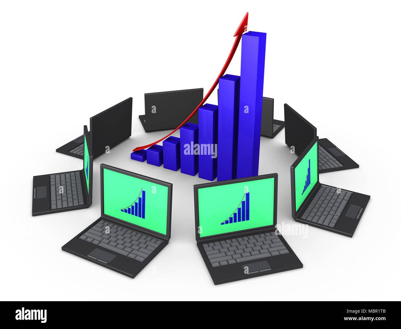 3d laptops around a growing graph as network for common goal Stock ...