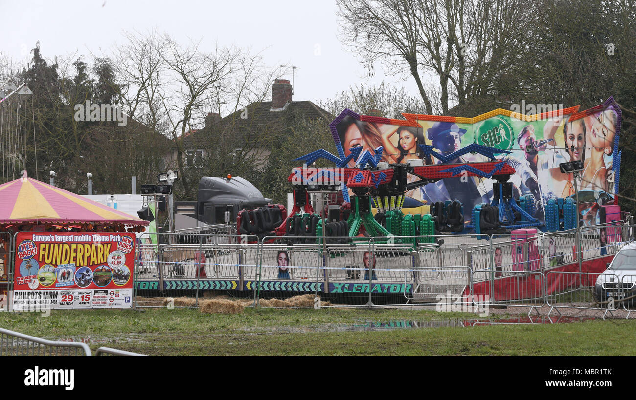 Police tape surrounds a ride at the funderpark in yiewsley hi-res stock ...
