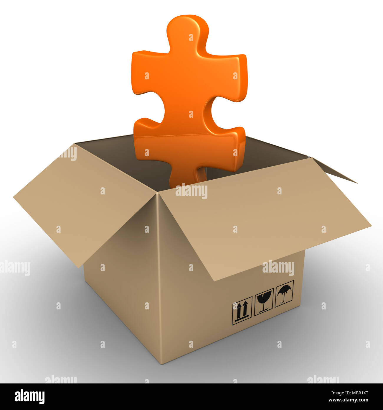 3d puzzle piece is inside of open carton box Stock Photo - Alamy