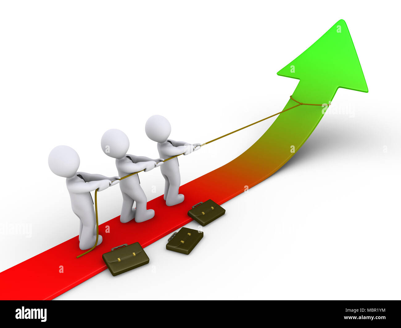 Three 3d businessmen are pulling arrow upwards with rope Stock Photo ...