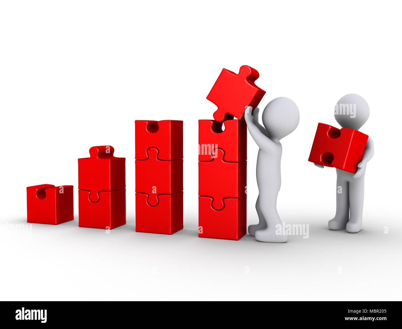 Two 3d Persons Are Building A Red Graph Made Of Puzzle Pieces Stock two-3d-persons-are-building-a-red-graph-made-of-puzzle-pieces-stock