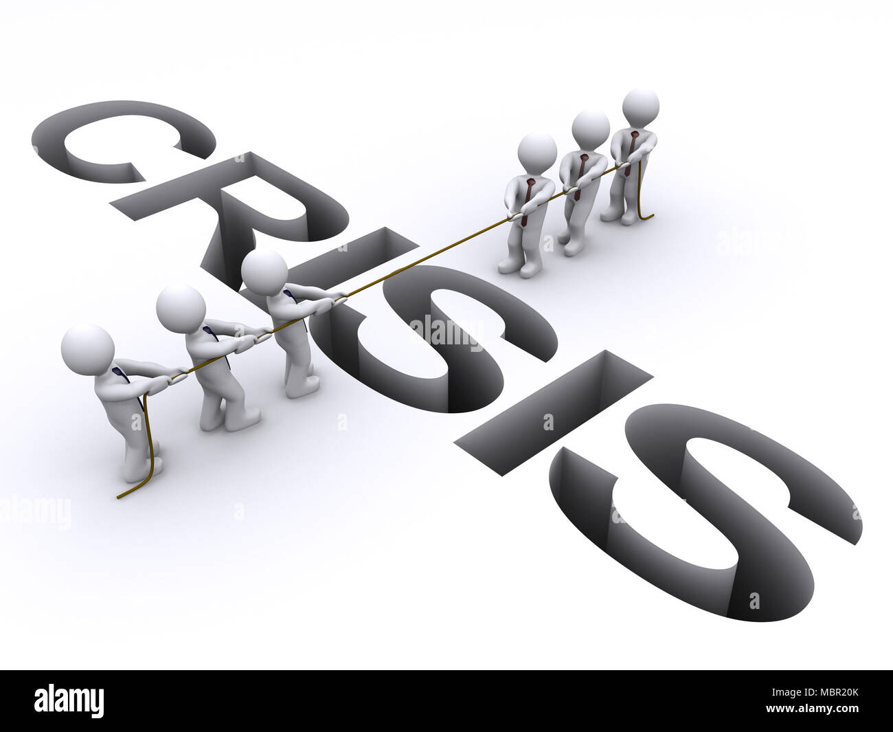 Two business teams fight each other by pulling rope over a ground gap ...