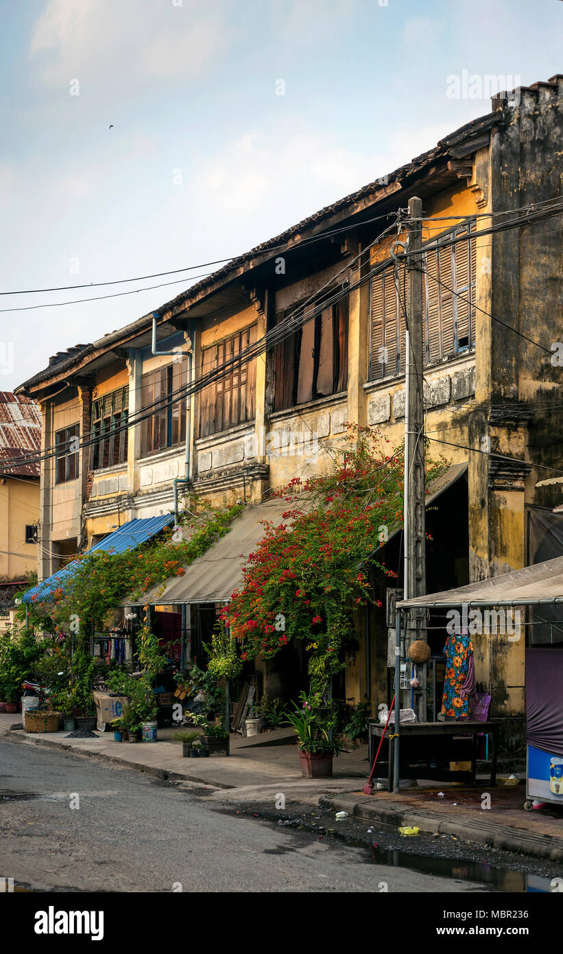 old french colonial architecture buildings in kampot downtown street ...