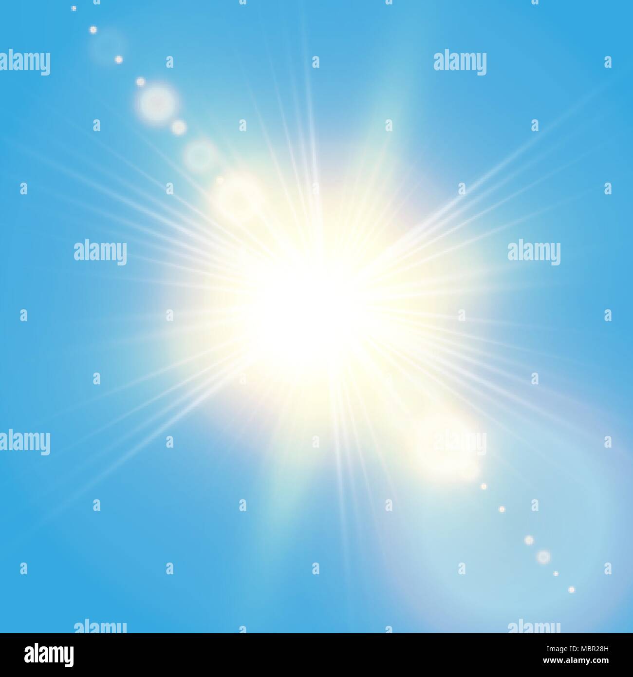 Realistic shining sun with lens flare. Blue sky with clouds background ...