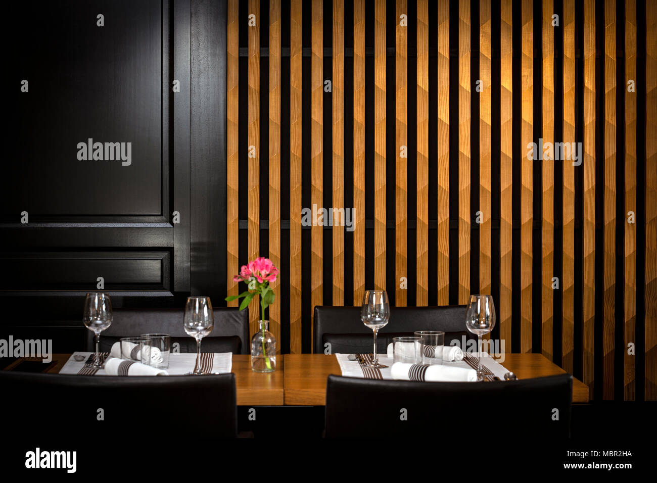 Wooden acoustic absorption panel of a restaurant dining room (France ...