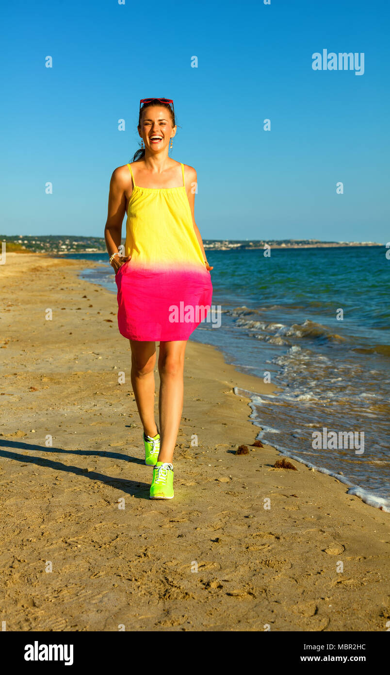 Colorful and wonderfully cheerful mood. Full length portrait of happy ...