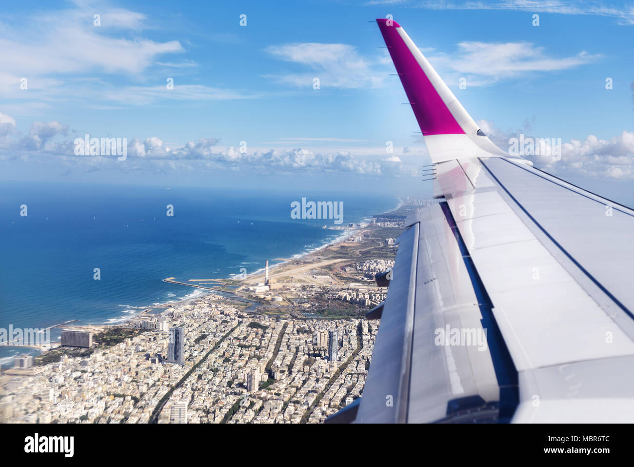 Top view from landing airplane. Window plane with copy space. Aerial ...