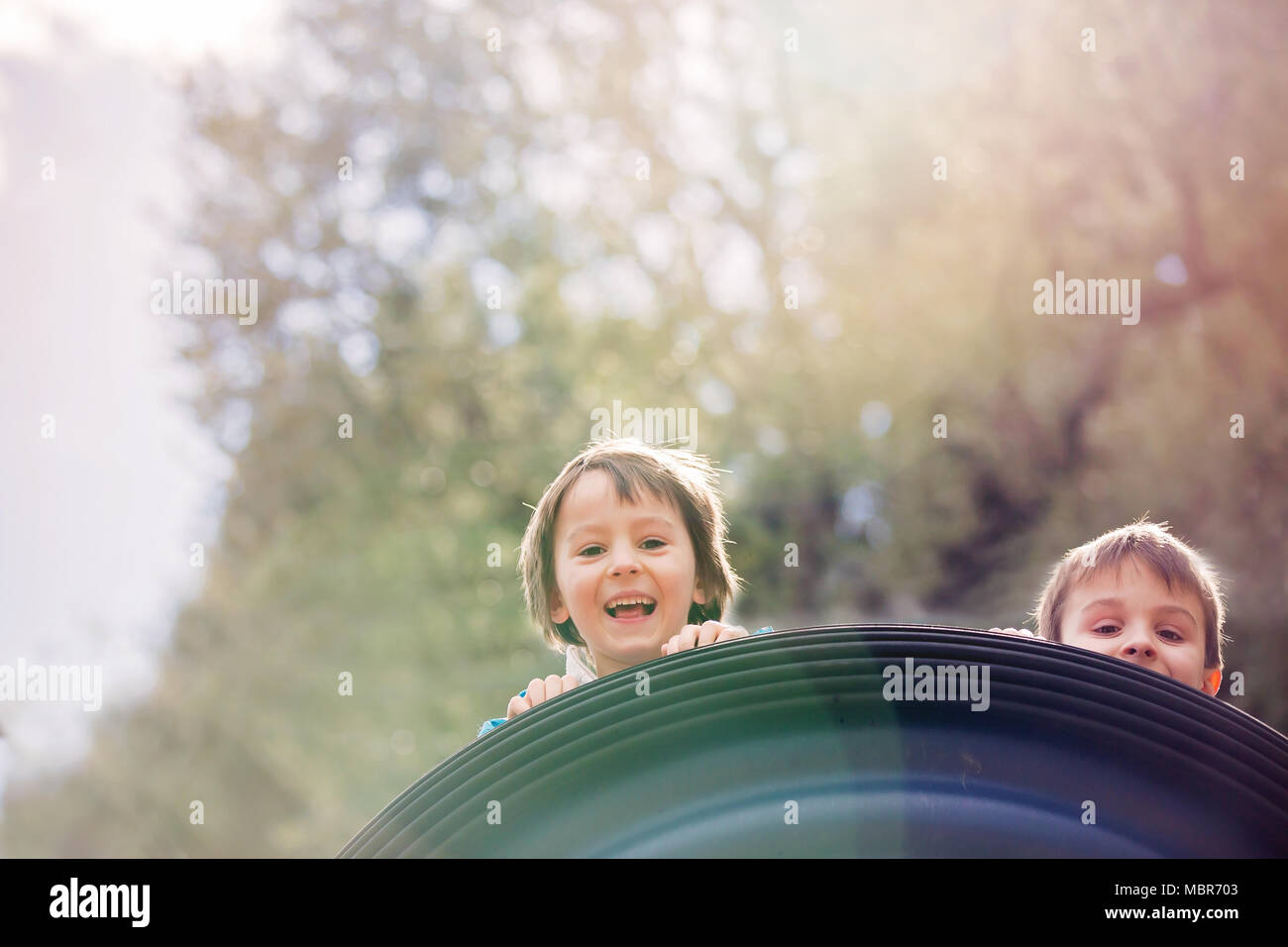 Two preschool children in a swing, having fun springtime Stock Photo ...