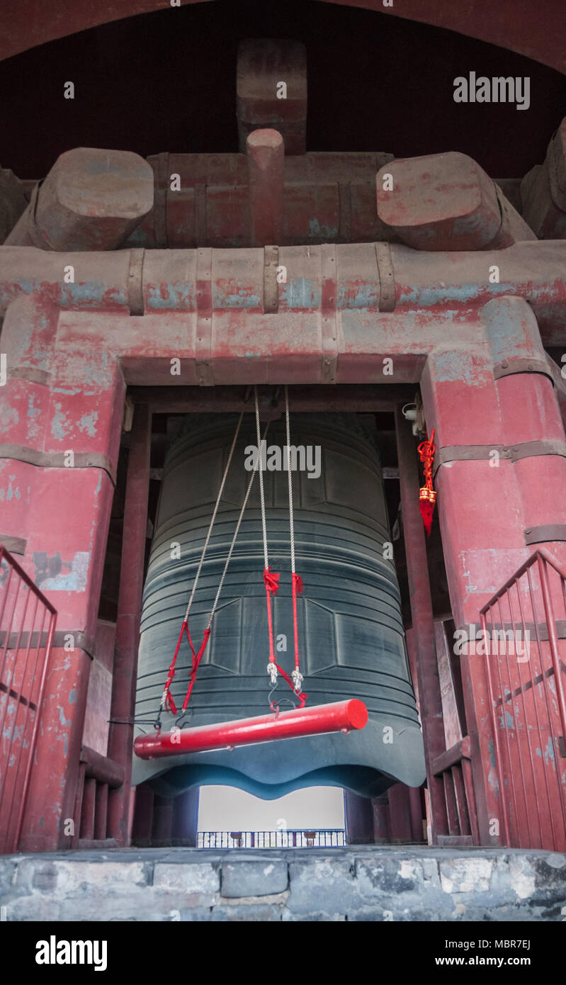 Beijing, China - April 26, 2010: Closeup of giant gray metal bell ...