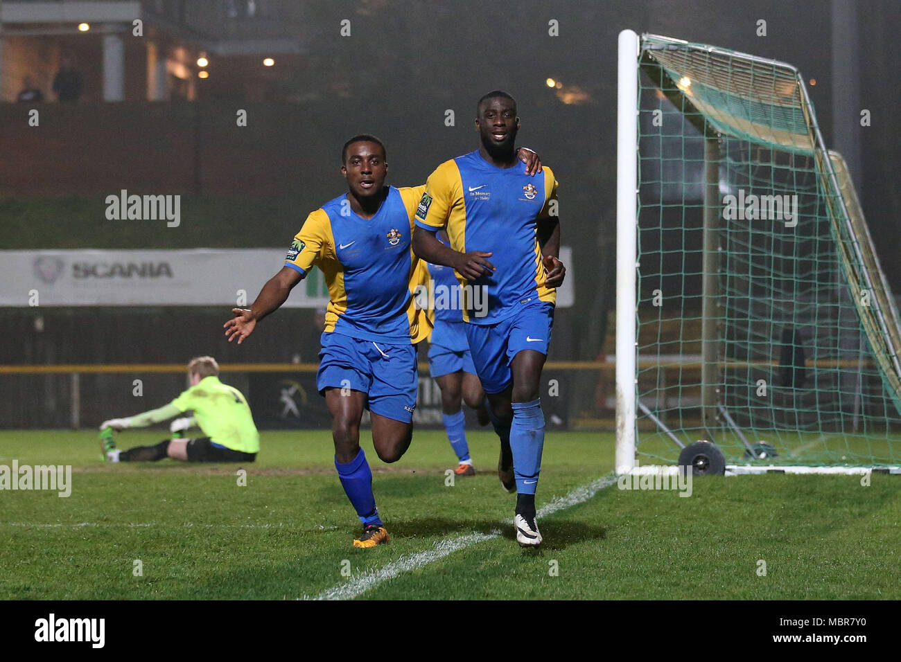 Carlos Djalo Oso of Romford R scores the second goal for his team and celebrates during Romford vs Norwich United Bostik League Division 1 North Fo Stock Photo Alamy