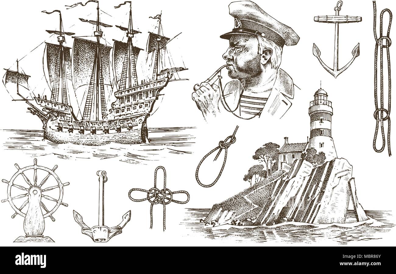 Skipper with pipe. Lighthouse and sea captain, marine sailor, nautical ...