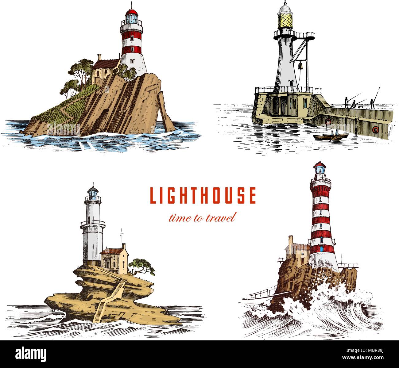 Lighthouse and sea. Marine sketch, nautical journey and seascape ...