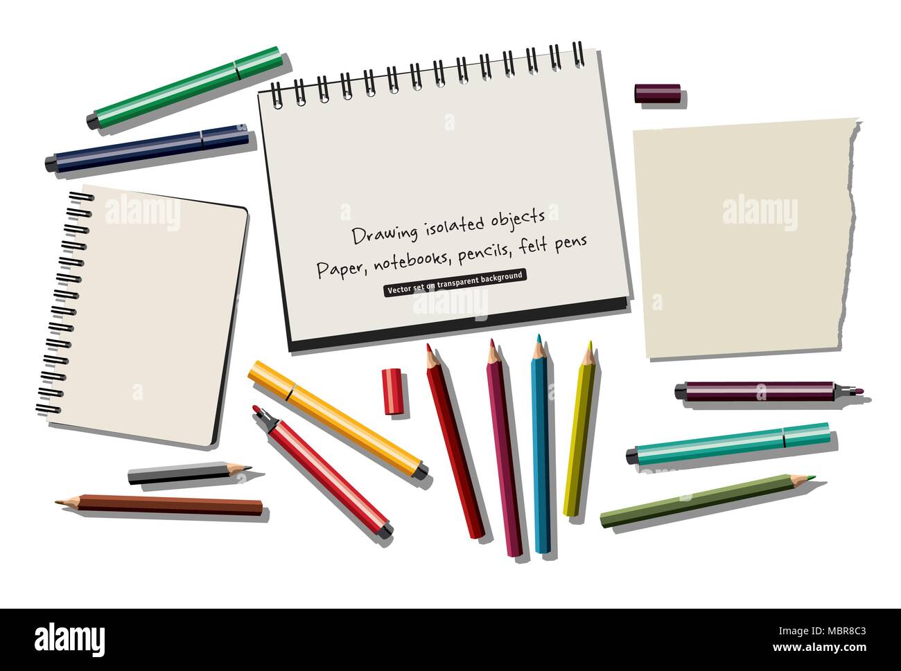 Drawing isolated objects paper notebooks pencils felt pens Stock Vector ...