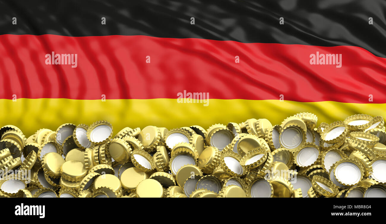 German beers. Golden beer caps pile on Germany flag background. 3d ...
