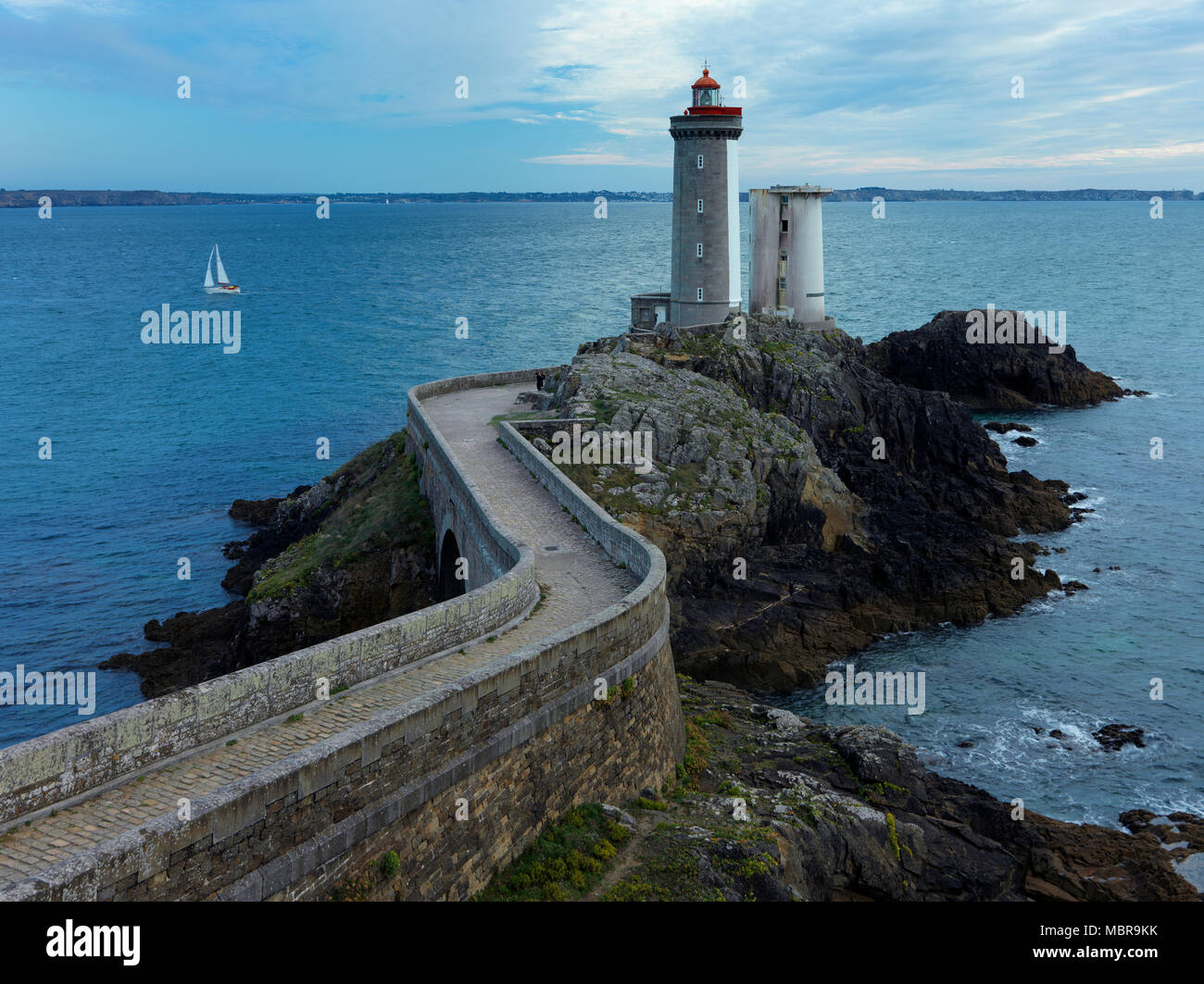 Lighthouse at the Strait of Brest, at dusk, Département Finistère ...