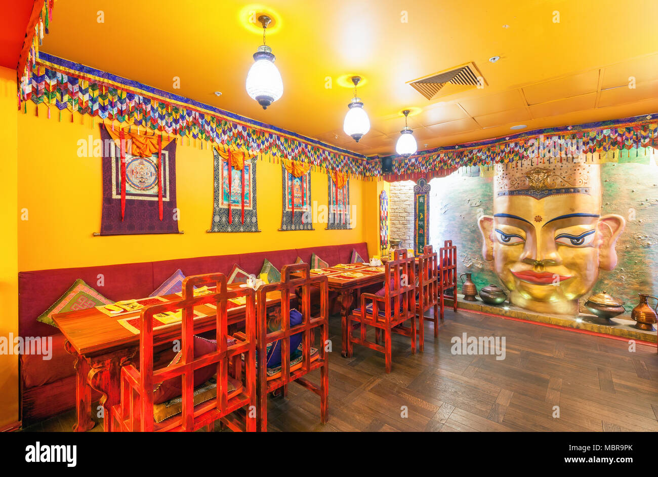 MOSCOW - AUGUST 2014: The interior of the restaurant Indian and Tibetan ...