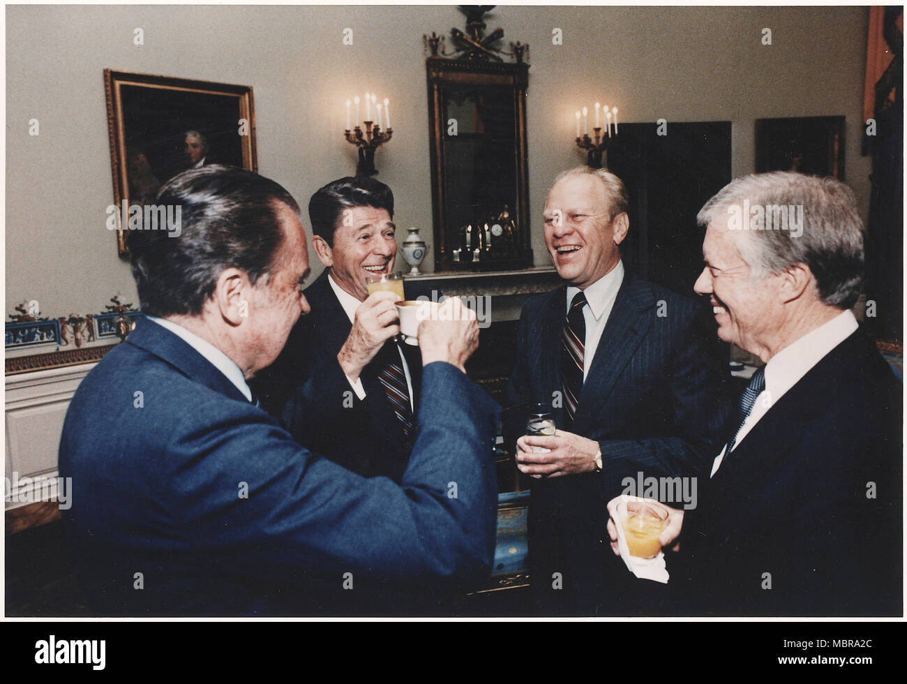 Four Presidents (Reagan, Carter, Ford, Nixon) toasting in the Blue Room ...