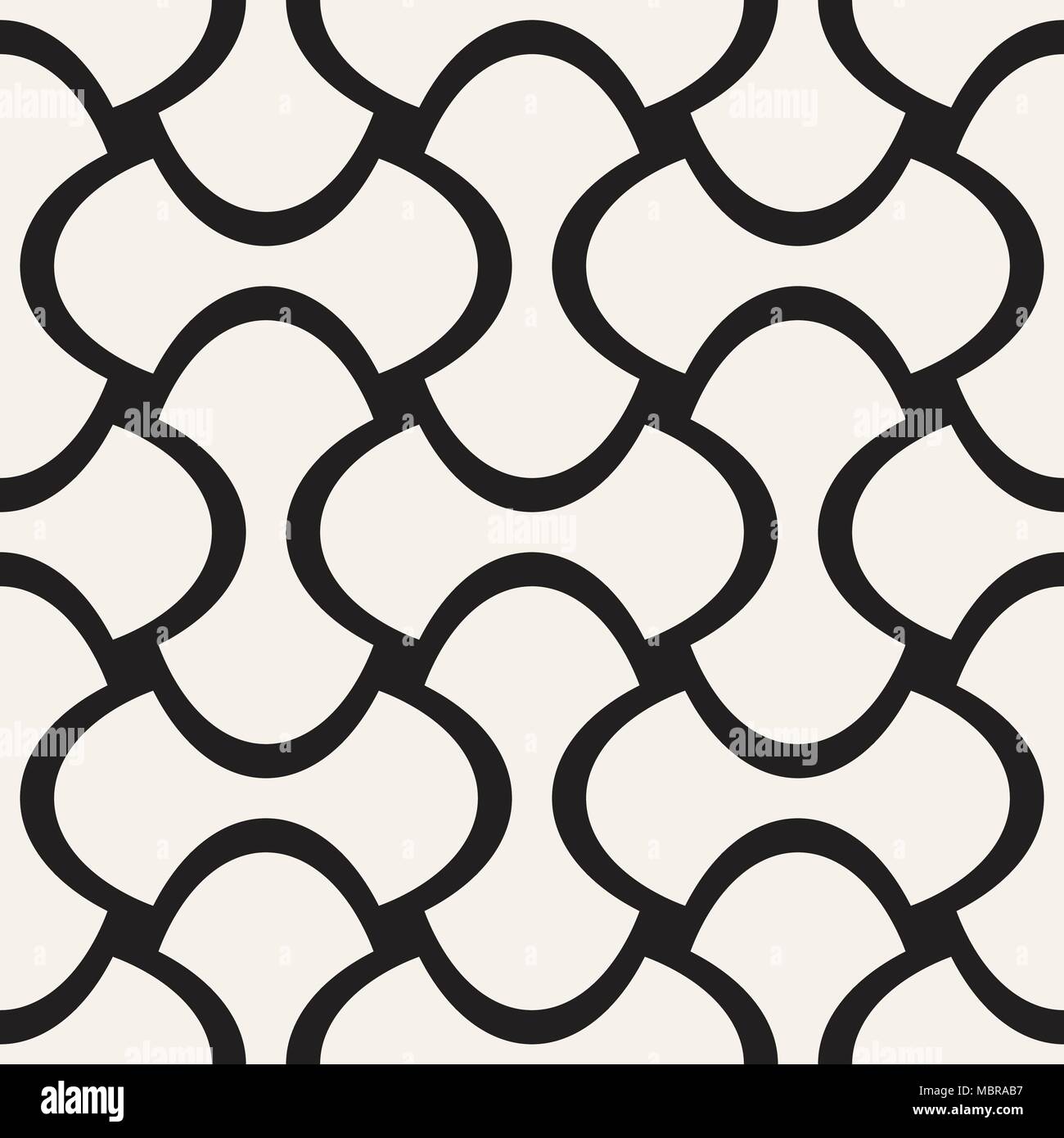 Vector geometric seamless pattern with curved shapes grid. Abstract monochrome rounded lattice ...
