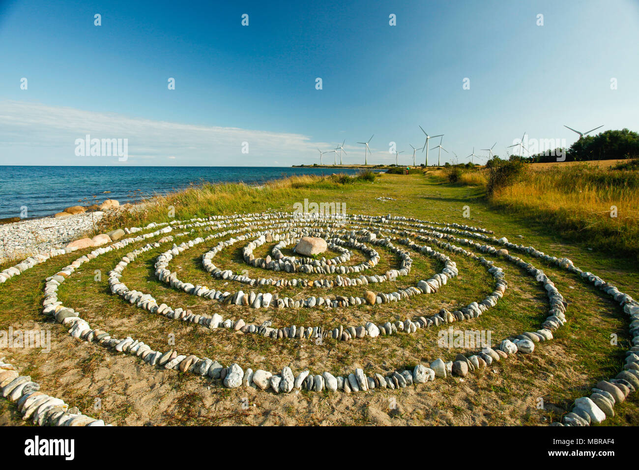 Stone circles and wind farm on the Baltic Sea coast, near Klausdorf ...