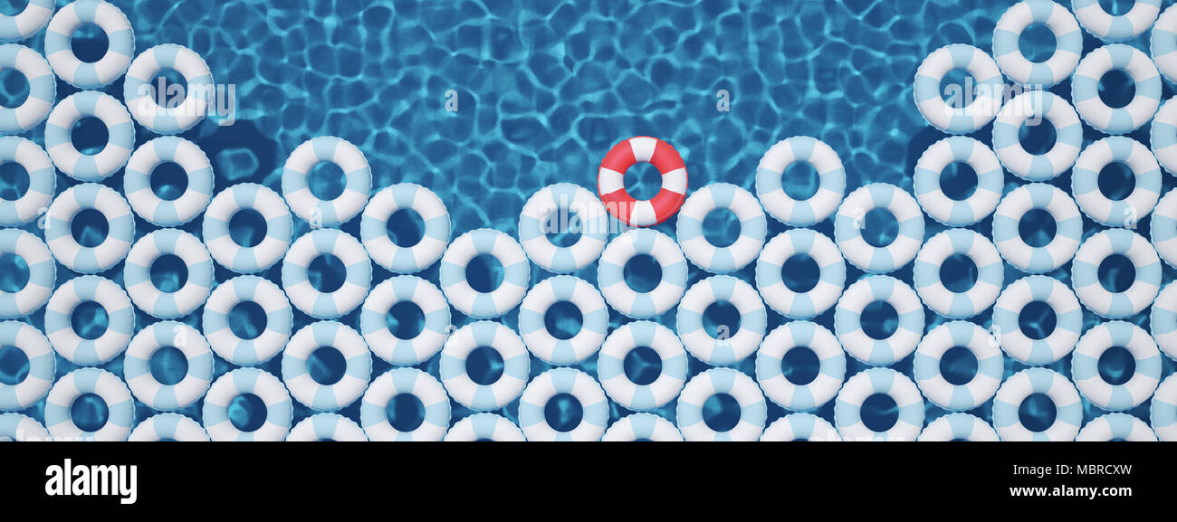 unique red float ring between blue float rings in pool. 3d rendering ...