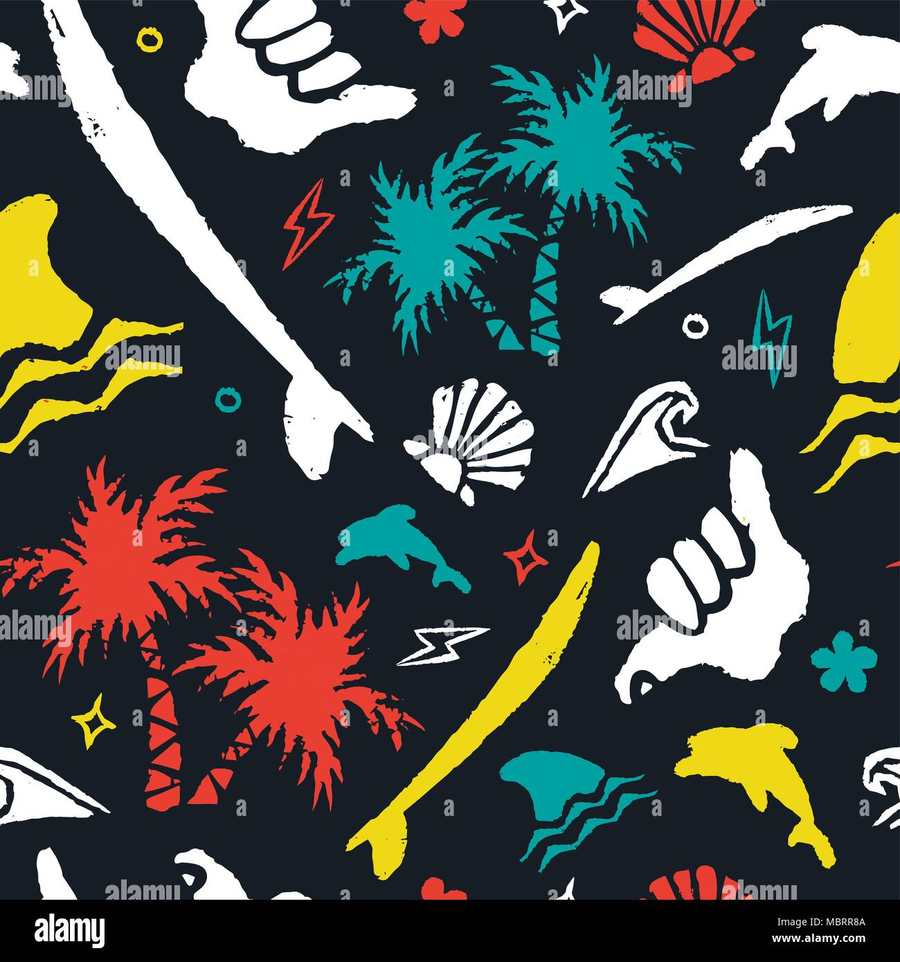 Surf seamless pattern with handmade grunge texture icons and doodles ...
