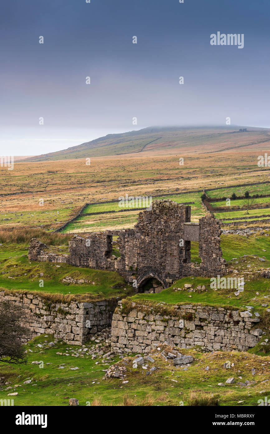 The ruins of the Foggintor Quarry works and Great Mis Tor beyond in ...