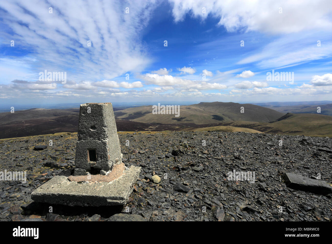 OS trig point at the summit of Skiddaw fell, Keswick town, Lake ...