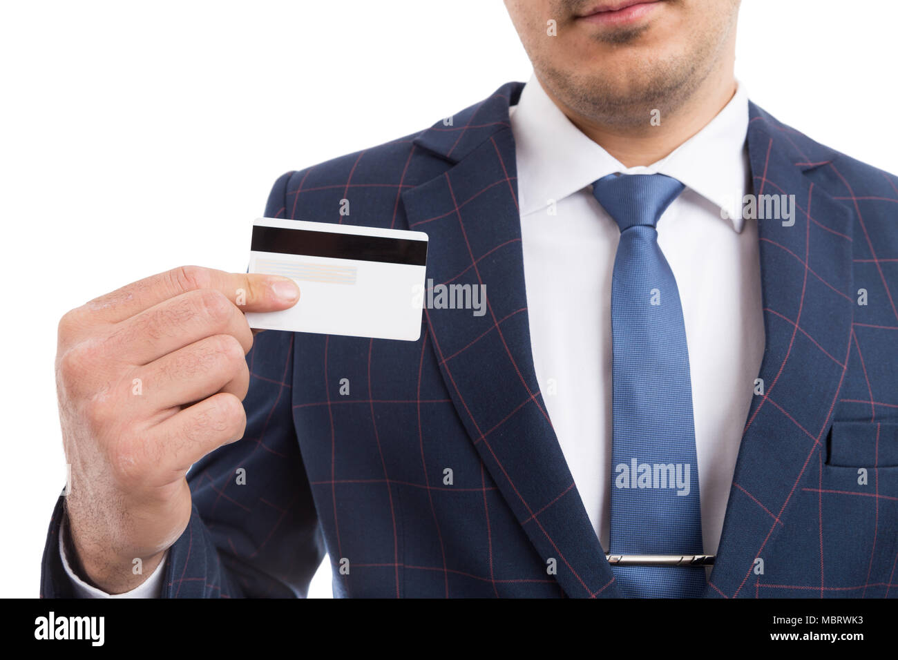 Anonymous businessman holding empty white credit card as safe payment ...