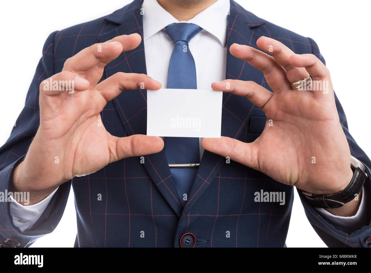 Anonymous businessman holding white business card with hands as ...