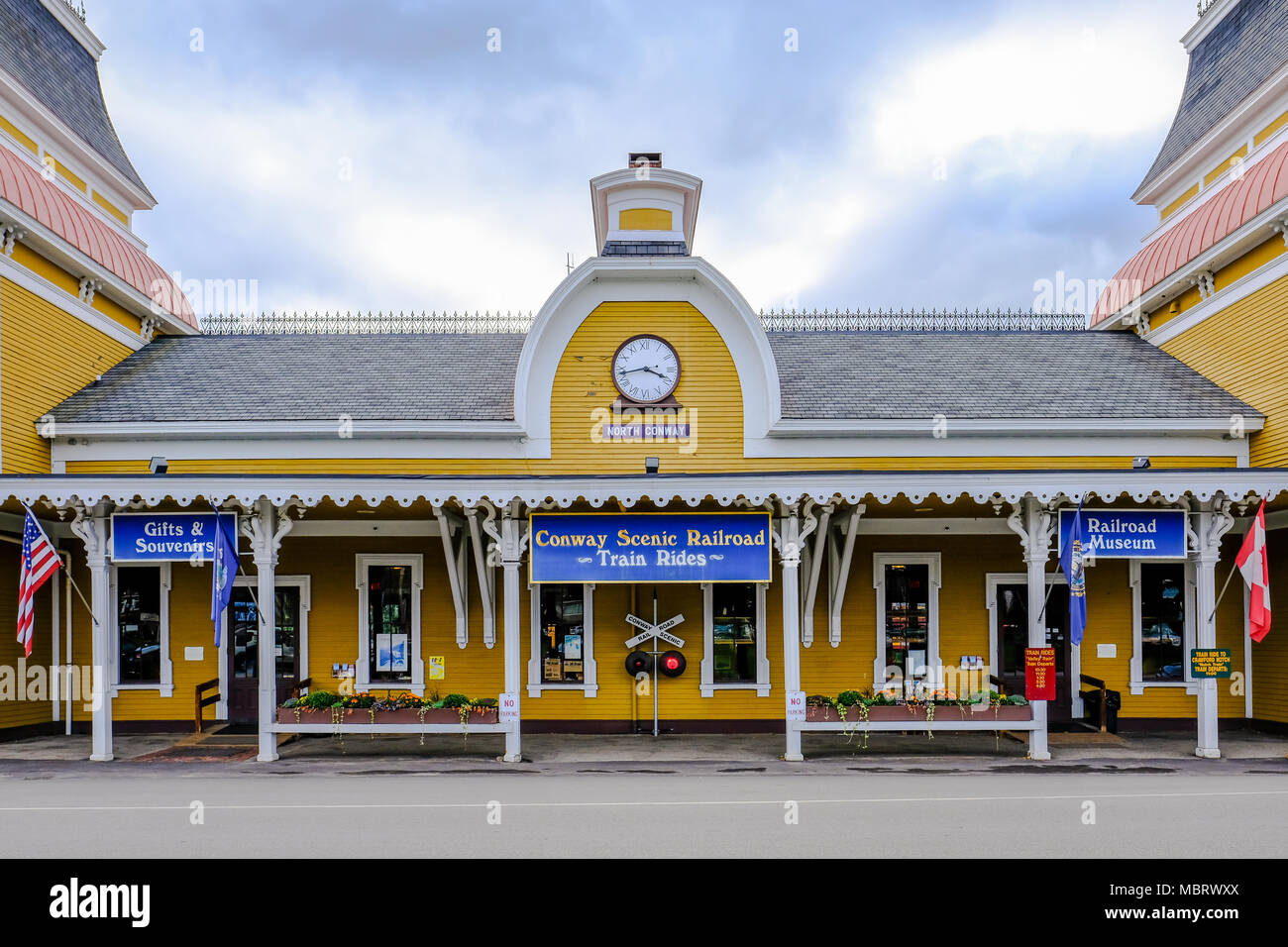 Exterior view of a historic, timber-built railroad station showing ...