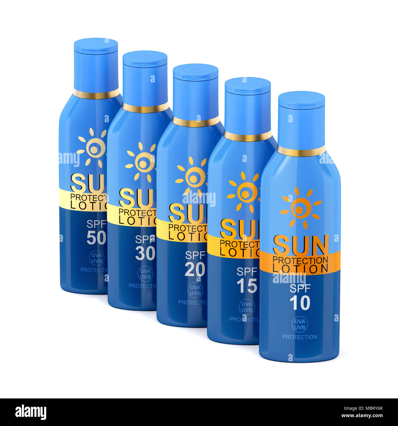 Row with sunscreen lotions with different SPF numbers on white ...
