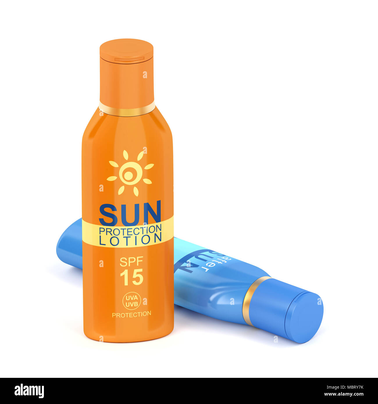 Sunscreen and after sun lotions on white background, 3D illustration ...